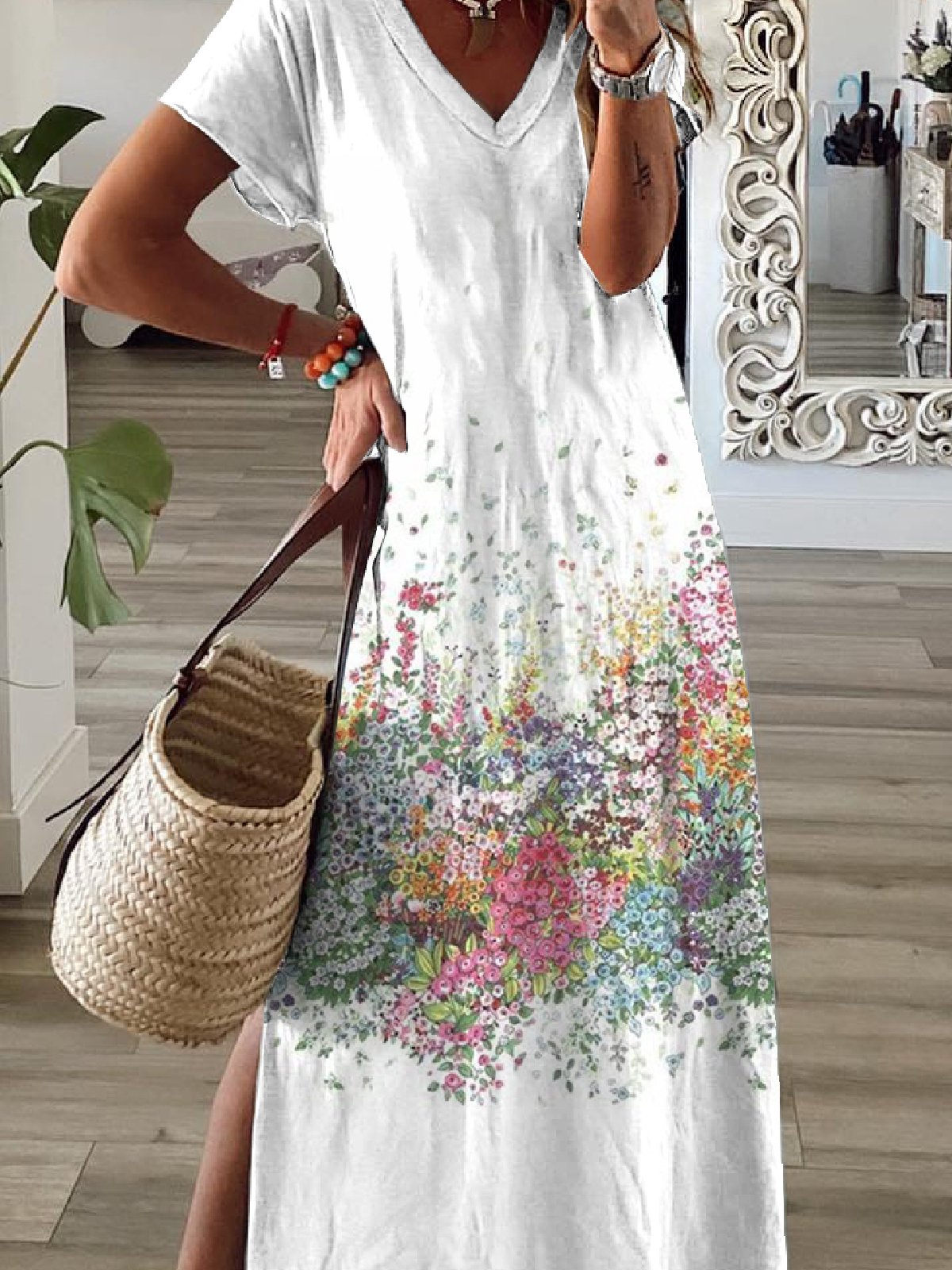 Casual V Neck Loosen Short Sleeve Knit Dress Zolucky